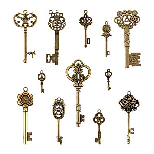 CHuangQi Vintage Skeleton Keys Set, Filigree Steampunk Keys, Antique Bronze Charms Pendants, Pack of 12 Different Style (Pack of 12)