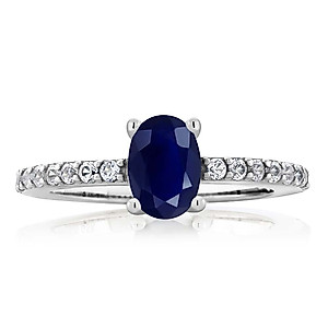 Gem Stone King 925 Sterling Silver Blue Sapphire and White Created Sapphire Women's Engagement Ring (1.32 Cttw, Oval 7X5MM, Available in Size 5,6,7,8,9)