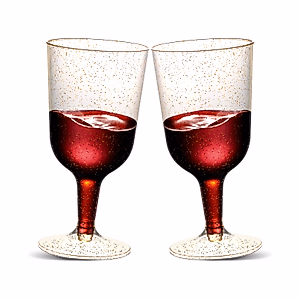TENYASEN 30 Pack Elegant Plastic Wine Glasses for Parties, 6 Oz Gold Glitter Plastic Wine Glasses Disposable, Plastic Wine Cups for Wedding & Birthdays