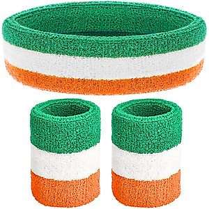 WILLBOND 3 Pcs Sweatbands Set 80s Neon Sports Headband Tennis Striped Sweat Band Paris Sports Competitions Sports Games for Men Women Kids Party Supplies(Orange, White and Green,Striped Style)