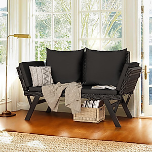 Flamaker Outdoor Convertible Sofa, Woven Rattan Patio Furniture Sunbed with Adjustable Armrests, Removable Cushions and Pillows for Patio, Porch, Pool (Black Lounger & Black Pillowcase)