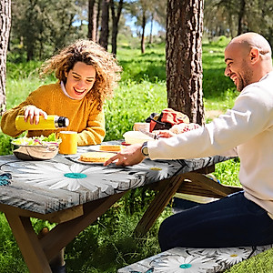 Nesphy Daisy Flowers Butterfly Picnic Table Cover with Bench Covers, Wooden Vintage Farmhouse Outdoor Camping Essentials 6FT 3PCS Fitted Rectangle RV Must Haves Tablecloth with Drawstring Bag
