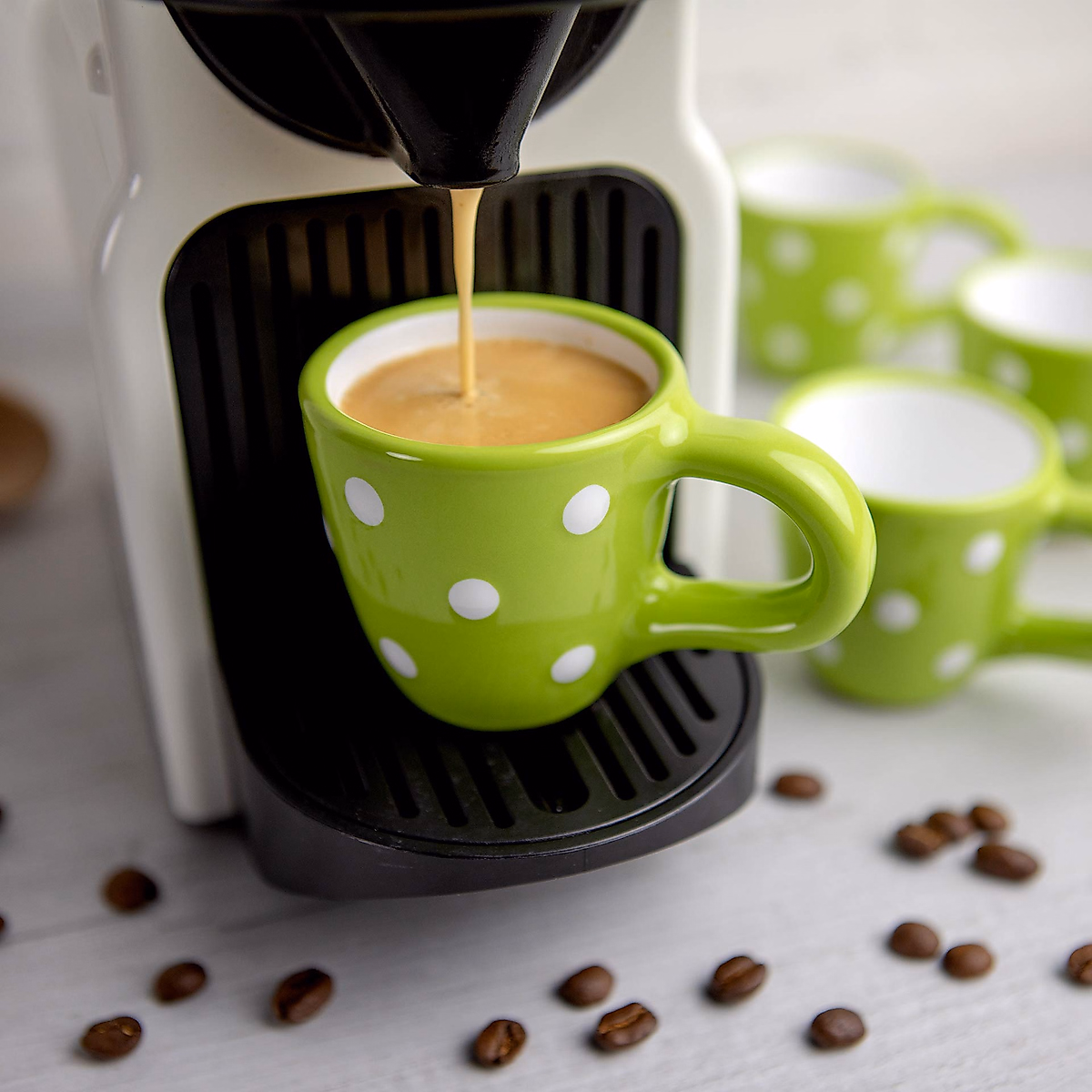City to Cottage Handmade Lime Green and White Polka Dot Ceramic 2oz/60ml | Espresso Cup Set of 4, Unique Designer Pottery for Coffee Lovers
