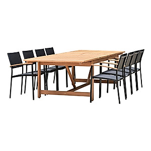 Amazonia Trentino 9 Piece Extendable Patio Dining Set Table and Sling Black Chairs| Durable, Quick Dry Ideal for Outdoors, Light Brown-Teak Finish