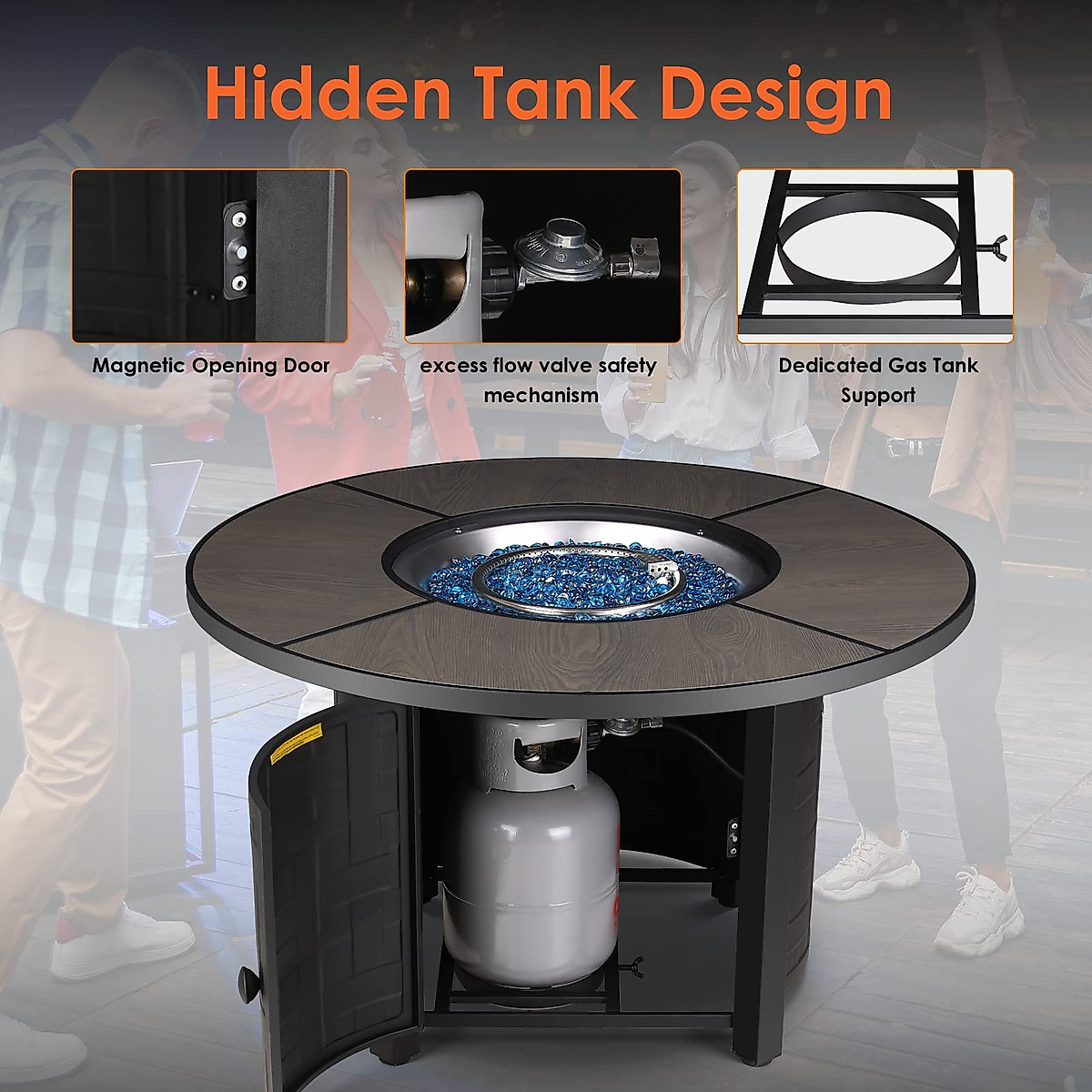 TLGREEN Propane Fire Pit Table 42in, 50,000 BTU Auto-Ignition Round Gas Fire Pits for Outside Patio, Fire Table with Waterproof Cover, Blue Stone and Lid, CSA Certification