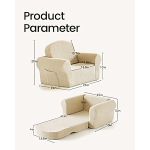 Tiny Land Kids Couch 2-in-1 Foldable Sofa Bed – 3D Teddy Curly with Pockets, Tactile Sensory-Enhancing Lounger for Toddlers, Ideal for Playroom – Afternoon Couch and Chair for Boys and Girls,Cream