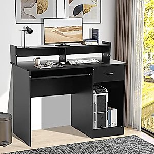 BLKMTY Computer Desk with Drawers for Home Office Desk with Keyboard Tray 43" Study Desks for Teens Wood Executive Desk with Monitor Stand Large Desktop Surface Writing Table Workstation, Black