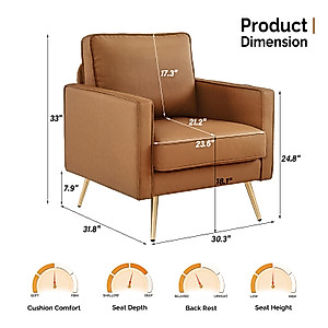 VINGLI Modern PU Leather Accent Chair for Living Room,Bedroom Comfy Chair Arm Chair Reading Chair with Golden Metal Legs and Deep Seat for Office,Apartment,Small Space,Cognac