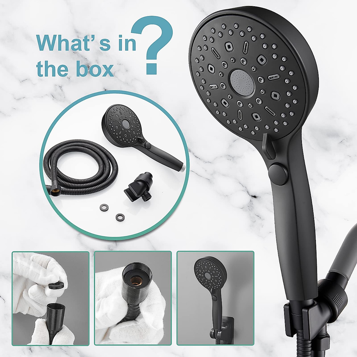 Heemli 12 Functions Shower Head with handheld, Hand held Shower with ON/OFF Pause Switch, High Pressure Shower Head Set with Hose Adjustable Bracket Rubber Washers - Black - U.S. Design Patents