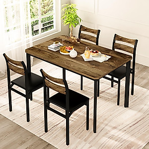 DKLGG Dining Table Set for 4, 43.3" Dining Room Table with 4 Upholstered PU Leather Chairs, Modern Wood Kitchen Table and Chairs Set, 5-Piece Dinette Set for Breakfast Nook, Small Places, Brown