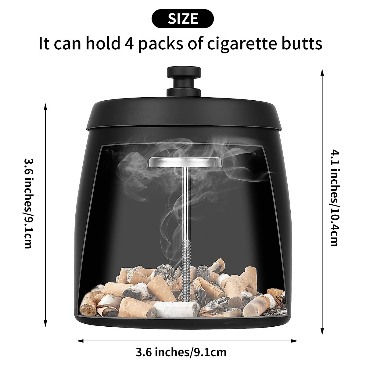 Outdoor Ashtrays for Patio with Lid, Outdoor Ash Tray Sets for Cigarettes Outdoor, Stainless Steel Windproof Ashtrays Large Covered Outside Odorless Iron Metal Indoor Tabletop, Black, Medium