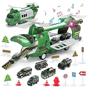 CUTE STONE 2-in-1 Amy Helicopter Toys, Boys Military Toy Friction Powered Helicopter w/Electric Rubber Propeller, Realistic Light & Music, Mini Vehicles, Traffic Road Signs, Vehicle Toy Set for Kids