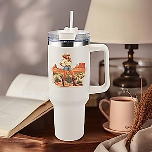 40 Oz Insulated Tumbler with Handle and Straw,Hat Girl In Desert Stainless Steel Vacuum Insulated Travel Mug,Leak-proof Water Bottle Iced Coffee Cup,Rustic Cartoon Western Cowgirl