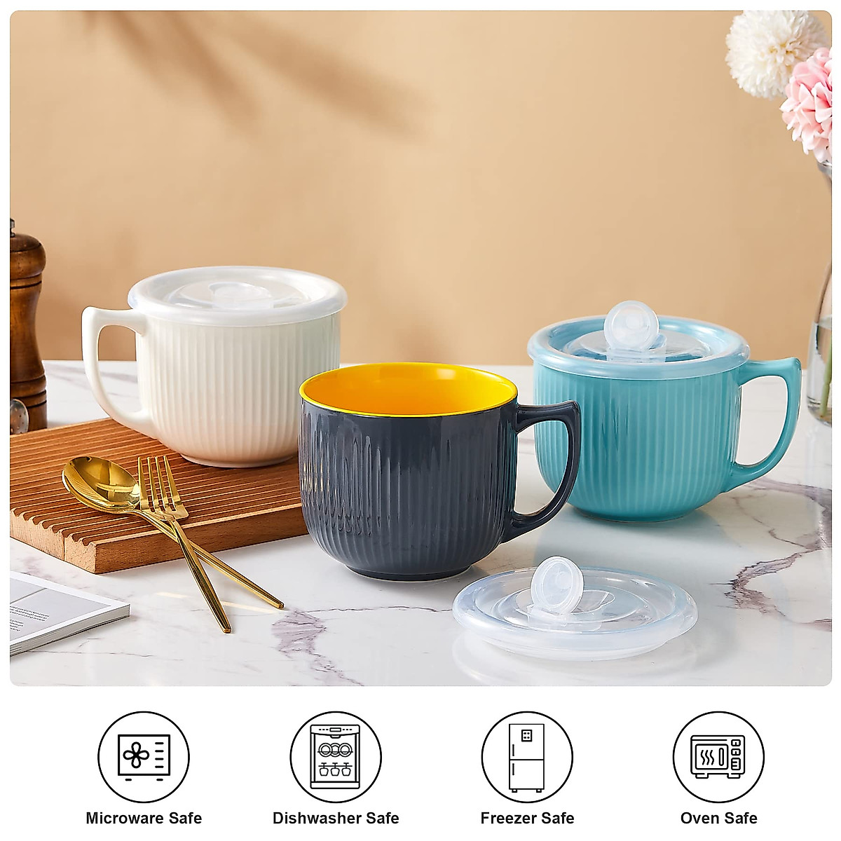 Hoilse Ceramic Soup Bowl with Handle and Vented Lid, 32oz Large Deep Soup Mug with lid, Travel Cereal Bowl for ramen and instant noodle Microwave Safe, Dishwasher Safe(Blue)