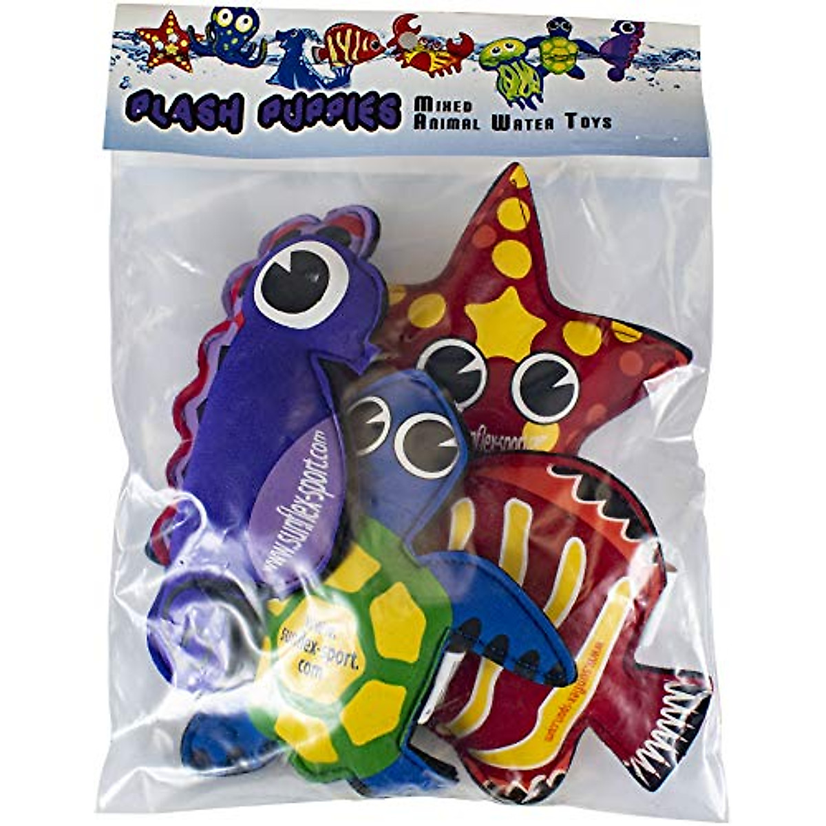 Sunflex Splash Puppies - Floating Neoprene Water Toy Set of Four That Includes 1 Starfish, 1 Turtle, 1 Fish, and 1 Seahorse - Waterproof and UV Resistant Pool Toy