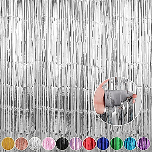 Crosize 4 Pack 3.3 x 8.2 ft Foil Fringe Curtains Party Decorations, Silver Tinsel Curtain Backdrop for Parties, Door Streamers, Glitter Streamer Fringe Backdrop for Birthday Decoration (Silver)