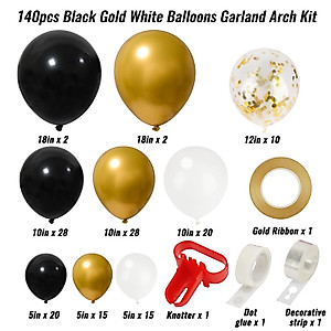 RUBFAC 140pcs Black and Gold Balloon, Balloons Garland Arch Kit, 5 10 12 18 Inch Black Gold White Latex Balloons for Graduation Party Birthday Anniversary Festival