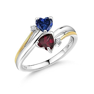 Gem Stone King 1.07 Ct Blue Created Sapphire Red Rhodolite Garnet 925 Silver and 10K Yellow Gold Lab Grown Diamond 2 Heart Promise Couple Engagement Mother Ring (Size 9)
