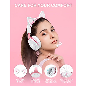 PHNIXGAM Cat Ear Gaming Cute Headset, Wired Over-Ear Headphones with Noise Cancelling Microphone, Surround Sound, LED Backlight for PS4, PS5, Xbox One(No Adapter), PC, Mobile Phone, White & Pink