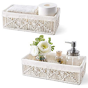 Mkono Macrame Storage Baskets for Organizing Boho Decor Bins with Removable Cloth Liner for Countertop Round Paper Toilet Tank Shelf Cabinet Organizer for Bedroom Nursery Living Room, Set of 2, Ivory