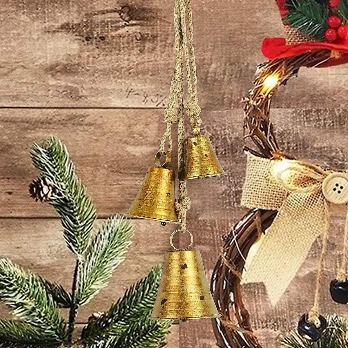 Styleonme Decorative Bells, Christmas Bells, Metal Indoor and Outdoor Blessing Bells, 3-Piece Set of Harmonious Bells, Vintage Handmade and Rustic Lucky Christmas Bells Hanging on a Rope
