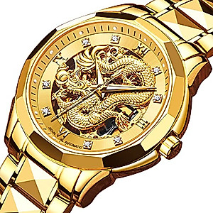 OLEVS Gold Watches for Men Automatic Dragon Skeleton Mechanical Luxury Watch Business Dress with Tungsten Steel Luminous 160FT Waterproof Diamond Fashion Wrist Watch