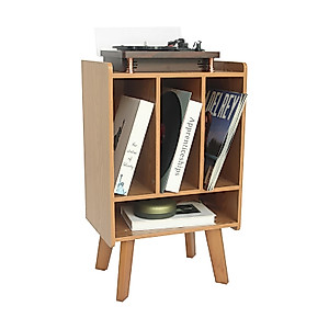 AWASEN Record Player Stand with Vinyl Storage, Turntable Stand with Record Storage, Vinyl Record Table Holds Up to 100 Albums, 3 Tier End Table with Wood Legs for Living Room Bedroom Office (Brown)
