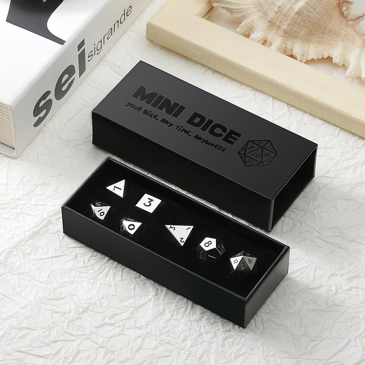 Metal DND Dice Mini,DNDND 10mm Metallic D&D Dice Set with Gorgeous Gift Dice Box for Dungeons and Dragon D&D Game (Silver with Black Num)