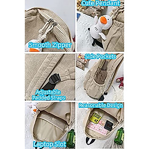 MeganJDesigns Cute Backpack Aesthetic School Large Laptop Bag with Pendant for Teen Girls Students Corduroy Backpacks (02#Green)
