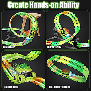 Dinosaur Race Car Tracks Toys Set for Kids Boys Girls Ages 3 4 5 6+ Electric Dinosaur Turkc Cars with Strong Suction Cup,Steady Tripod 130+ Pcs Flexible Train Car Tracks Birthday Gift Christmas
