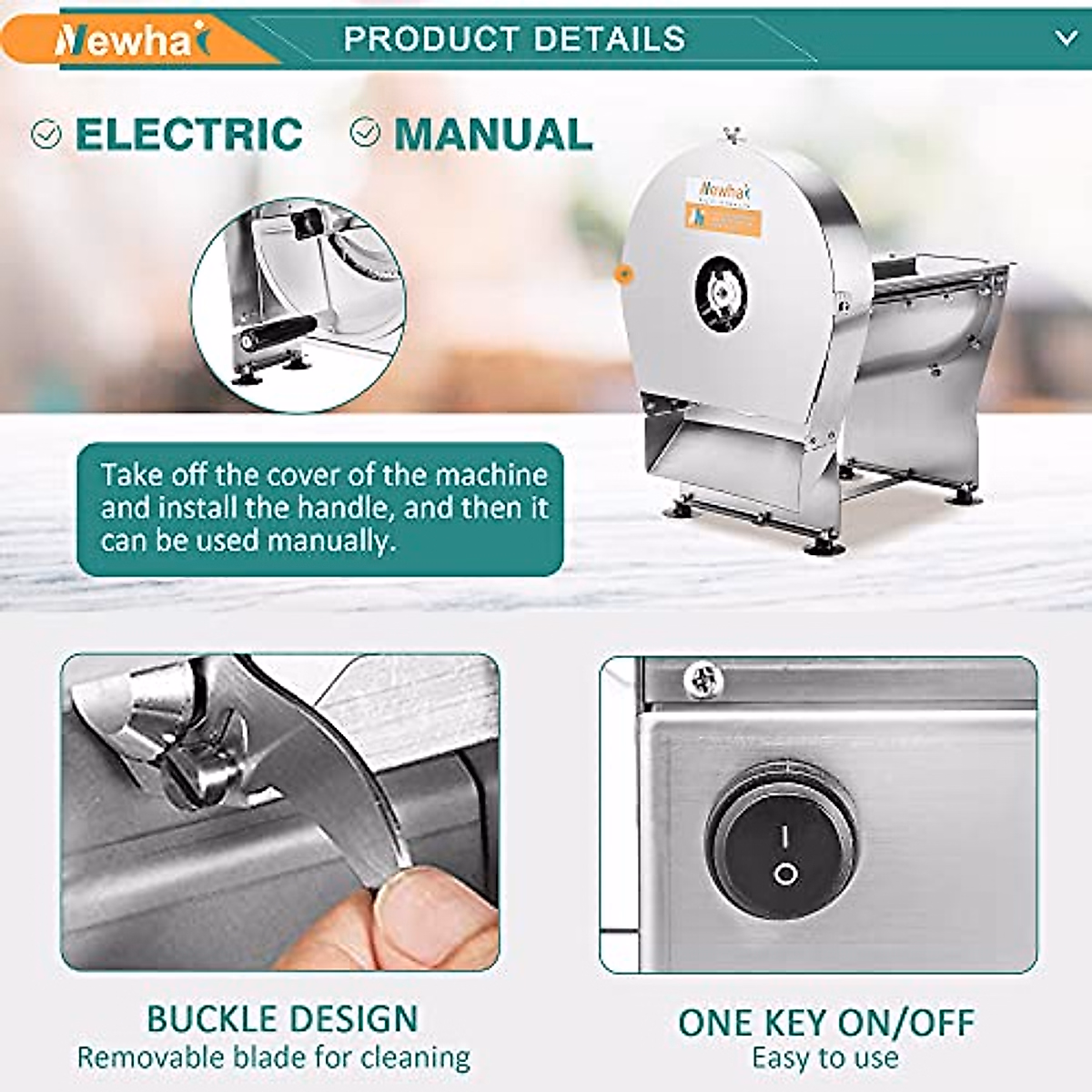 Newhai 0-10mm Commercial Onion Slicer Potato Chips Slicer Tomato Slicing Machine Electric Cabbage Shredder Machine Vegetable Fruit Slicing Machine 0-0.4’’ Stainless Steel (Slicer Machine)