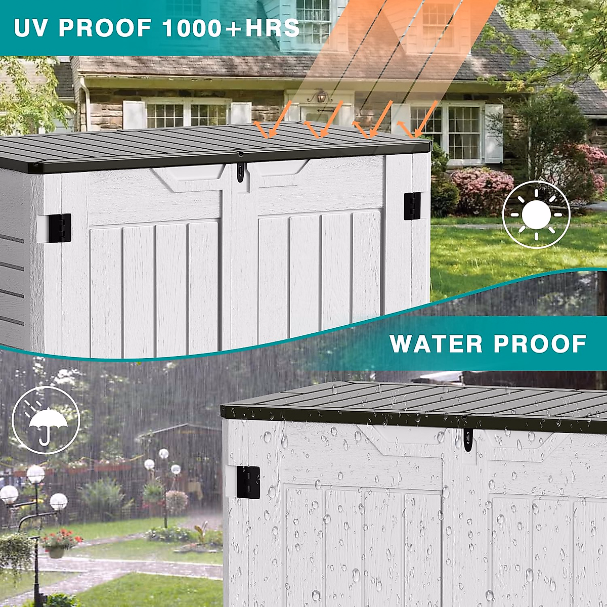 Greesum Outdoor Horizontal Resin Storage Sheds 34 Cu. Ft. Weather Resistant Resin Tool Shed, Extra Large Capacity Weather Resistant Box for Bike, Garbage Cans, Lawnmowe, with Divider, Grey