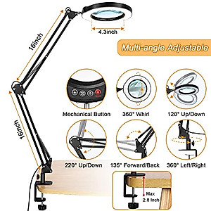 5X Large Magnifying Glass with Light and Stand, KRSTLV 2 x 16 Inch Swivel Arm LED Desk Lamp with Clamp, 5 Color Modes Stepless Dimmable Lighted Magnifier Hands Free for Close Work, Craft, Hobby, Black