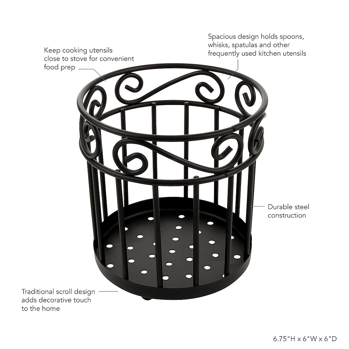 Spectrum Diversified Scroll Grande Holder & Kitchen Countertop Organizer Cooking Utensil Crock for Kitchen Organization & Storage, Cutlery & Flatware Caddy, Black