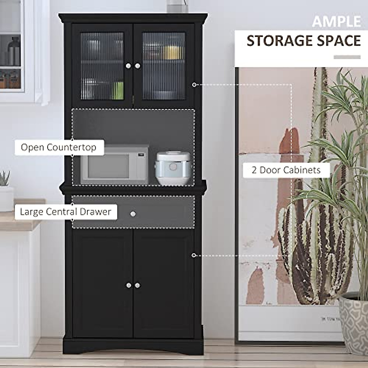 HOMCOM 71" Traditional Freestanding Kitchen Buffet with Hutch, Pantry Cabinet with 4 Doors, 3-Level Adjustable Shelves, and 1 Drawer, Black