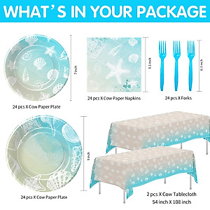 HIPVVILD Seashell Beach Party Supplies, Beach Seashell Theme Table Decorations, Shell Plate, Napkin, Tablecloth, Fork, Ocean Sea Shell Party Tableware For Birthday Baby Shower Wedding Party | Serve 24