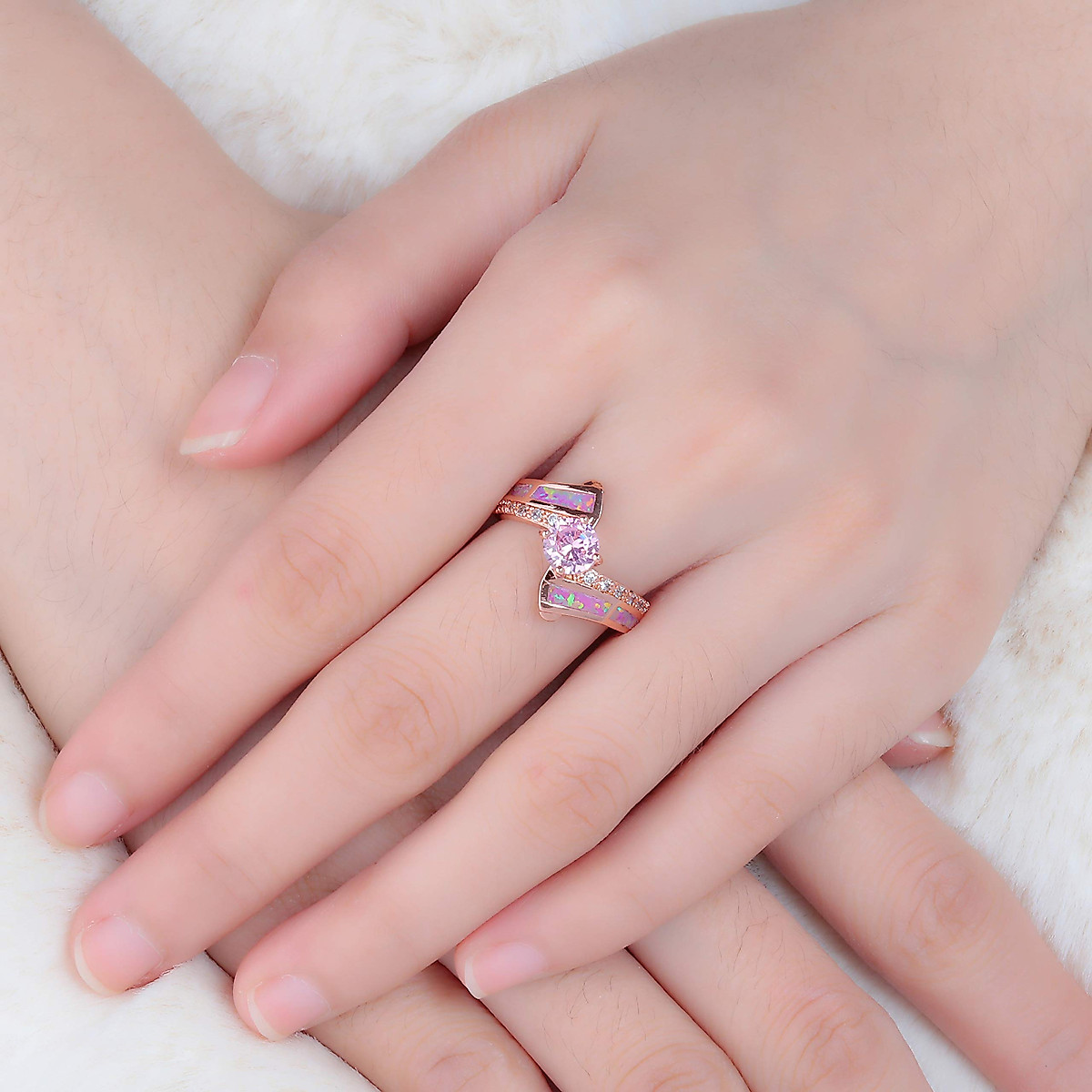CiNily Rose Gold Plated Created Pink Fire Opal Pink Topaz Zircon Rings for Women Gemstone Ring Size 8