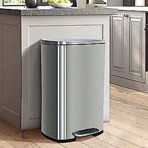 50 Liter / 13 Gallon Kitchen Trash Can with Lid, Stainless Steel Trash Can with Foot Pedal and Inner Bucket, Fingerprint-Resistant Soft Close Lid Garbage Can, Odor Proof and Hygienic, Stainless Steel