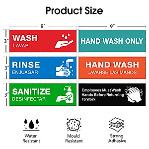 Wash Rinse Sanitize Sink Labels, Employee Must Wash Hands Signs Sticker(14 Pack -9"×3"), Perfect for 3 Compartment Dishwashing Sink-Commercial Kitchens, Restaurant, Food Trucks, Bussing Stations