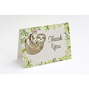 Sloth Baby Shower Thank You Cards Gender Neutral Boy or Girl Watercolor Paper Jungle Safari Folding Thank You Notes Palm Leaves Mommy and Me Safari Hang Out Around Cards Blank Inside (50 Count)