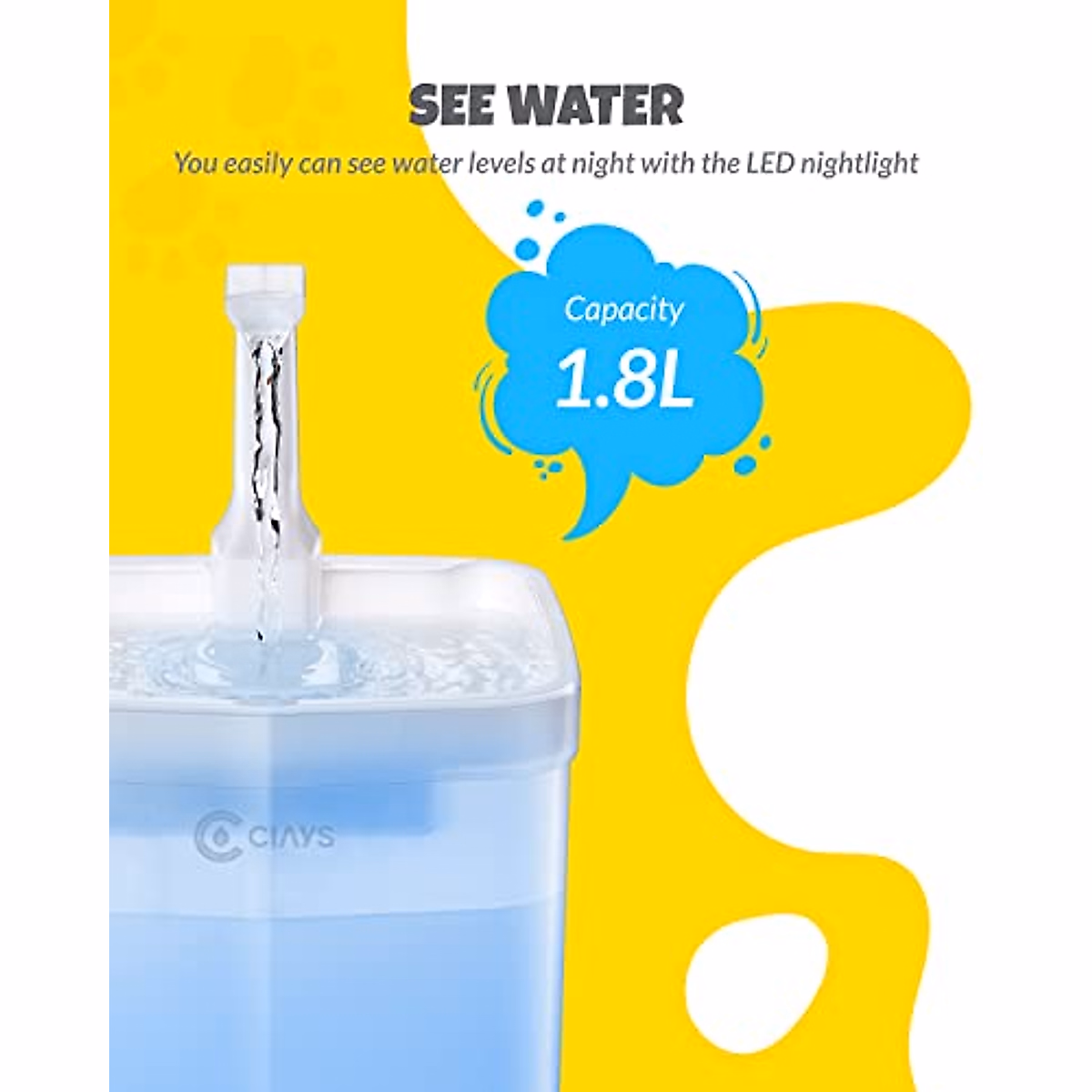 Ciays Pet Fountain, 65oz/1.8L Automatic Cat Water Fountain Dog Water Dispenser with 3 Replacement Filters for Cats, Dogs, Multiple Pets, White