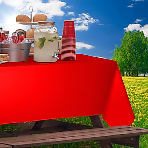 Disposable Table Cover: Durable Plastic Indoor/Outdoor Tablecloth 100' X 52" with Easy to Use Safe Cutter for Patio, Parties, Barbecue & Kitchen Table (Ruby Red)