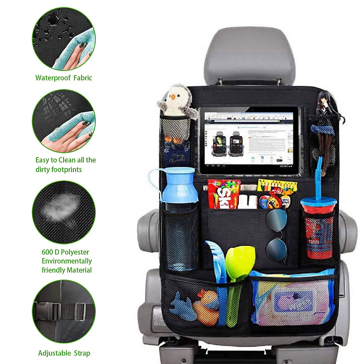 SZcomell Backseat Organizer 2 Pack 9 Storage Pockets and a Touch Screen Tablet Holder, Car Seat Back Organizer and Storage for Kids Toy iPad Bottle Snacks Books