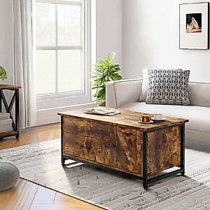FABATO 41.7" Lift Top Coffee Table with Storage Drawer& Hidden Compartment Barn Door Cabinet Center Table Coffee Table for Living Room Farmhouse Industrial Wood (Rustic Brown2)