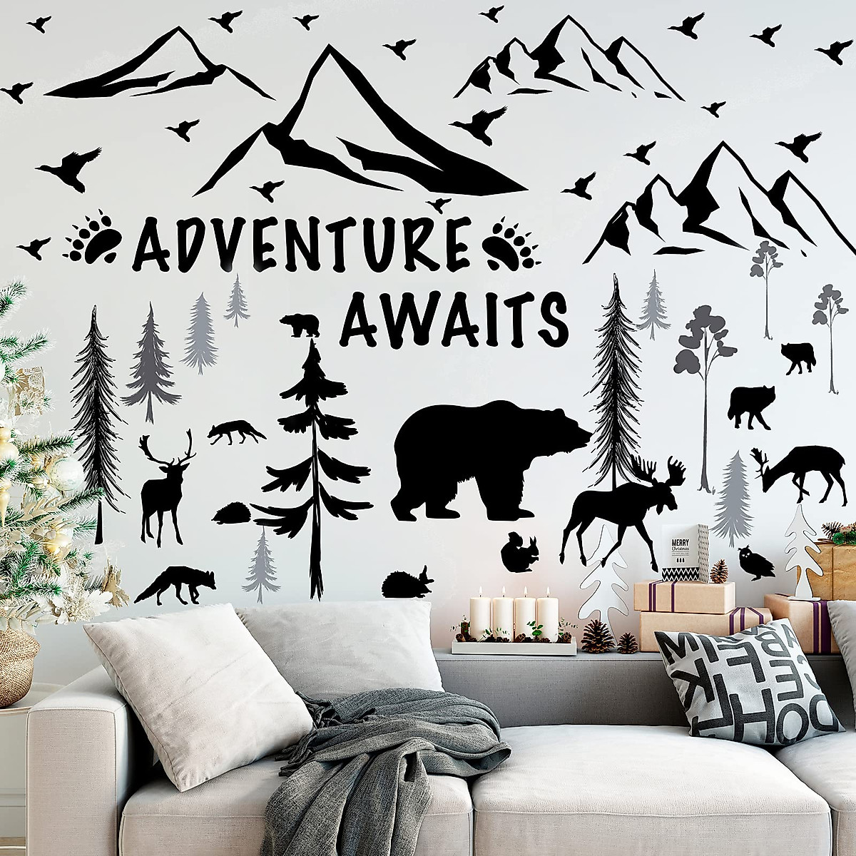 4 Sheets Mountain Wall Decal Rustic Nursery Wall Decals Dreamy Forest with Pine Tree Deer Peel and Stick Inspirational Quote Wall Stickers DIY Wall Decals for Kids' Room (Black,19.69 x 15.75 Inches)