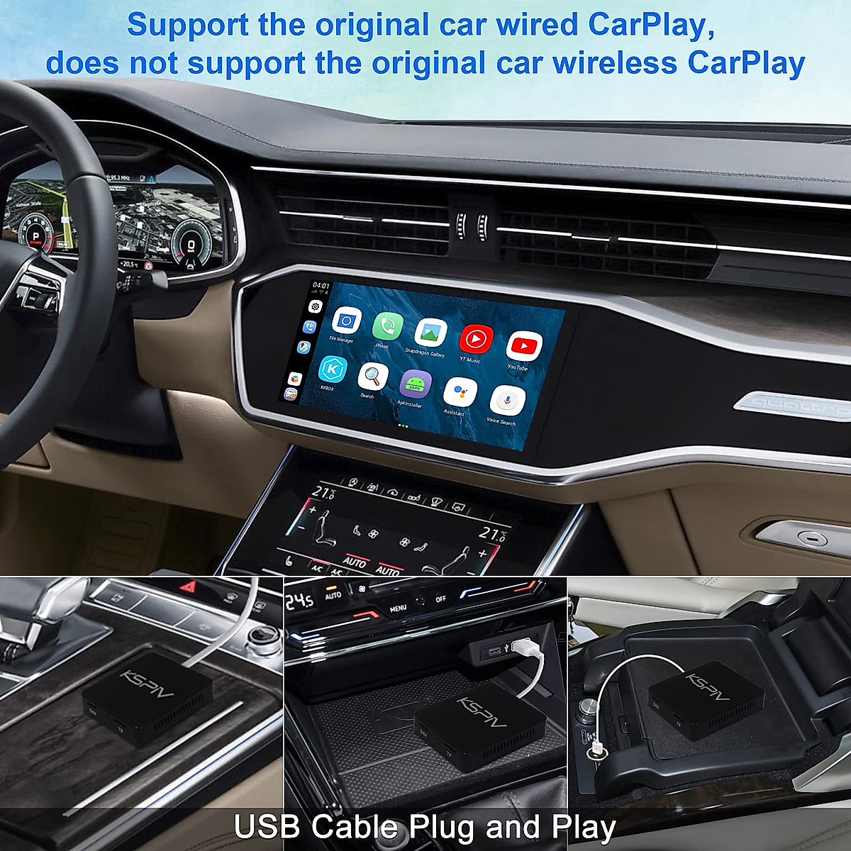Wirless Carplay Dongle Multimedia Video Adapter Android AI Box 4+64GB for Car with Factory Wired Carplay Support Android Auto Android System USB Plug and Play (C-Touch)