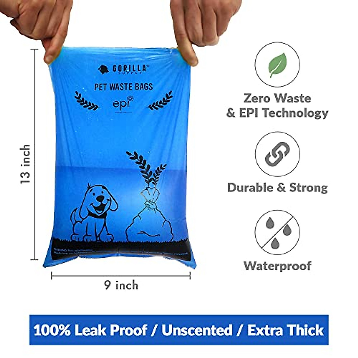 GORILLA SUPPLY Dog Poop Waste Bags with Dispenser and Leash Tie, 9" x 13", Blue, 1000 Count