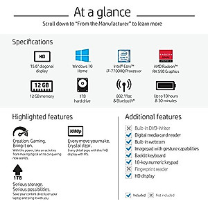 HP Pavilion Power 15-inch Laptop, Intel Core i7-7700HQ , AMD Radeon RX 550, 12GB RAM, 1TB hard drive, Windows 10 (15-cb071nr, Black), Gaming