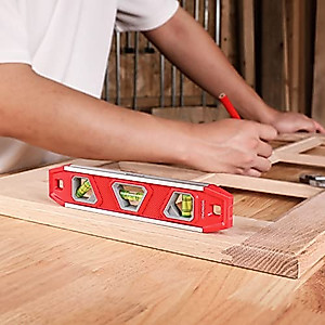 WORKPRO 9-Inch Torpedo Level Magnetic, Small Leveler Tool with 3 Different Bubbles 45°/90°/180° and Overhead Viewing Window, Shock Resistant Bubble Level V-Groove for Measuring plumbing, wood, etc.
