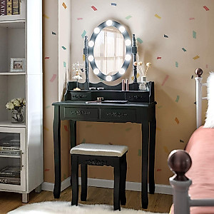 LDAILY Vanity Table Set w/Lighted Mirror, Makeup Vanity Table with 10 LED Lights, 4 Drawers & Oval Mirror, Bedroom Dressing White Black Dark Brown BC-HW66050US Vanity Table Set with Lighted Mirror
